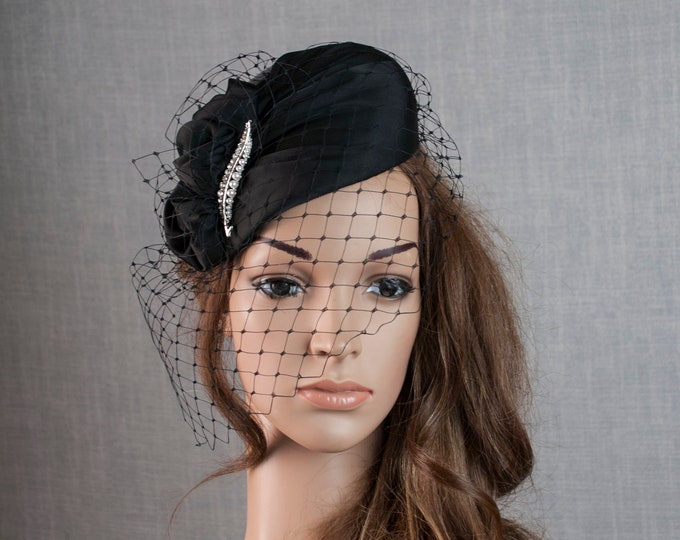 Black Silk Percher Hat. Black Funeral Hat. Black Cocktail Hat. - Etsy