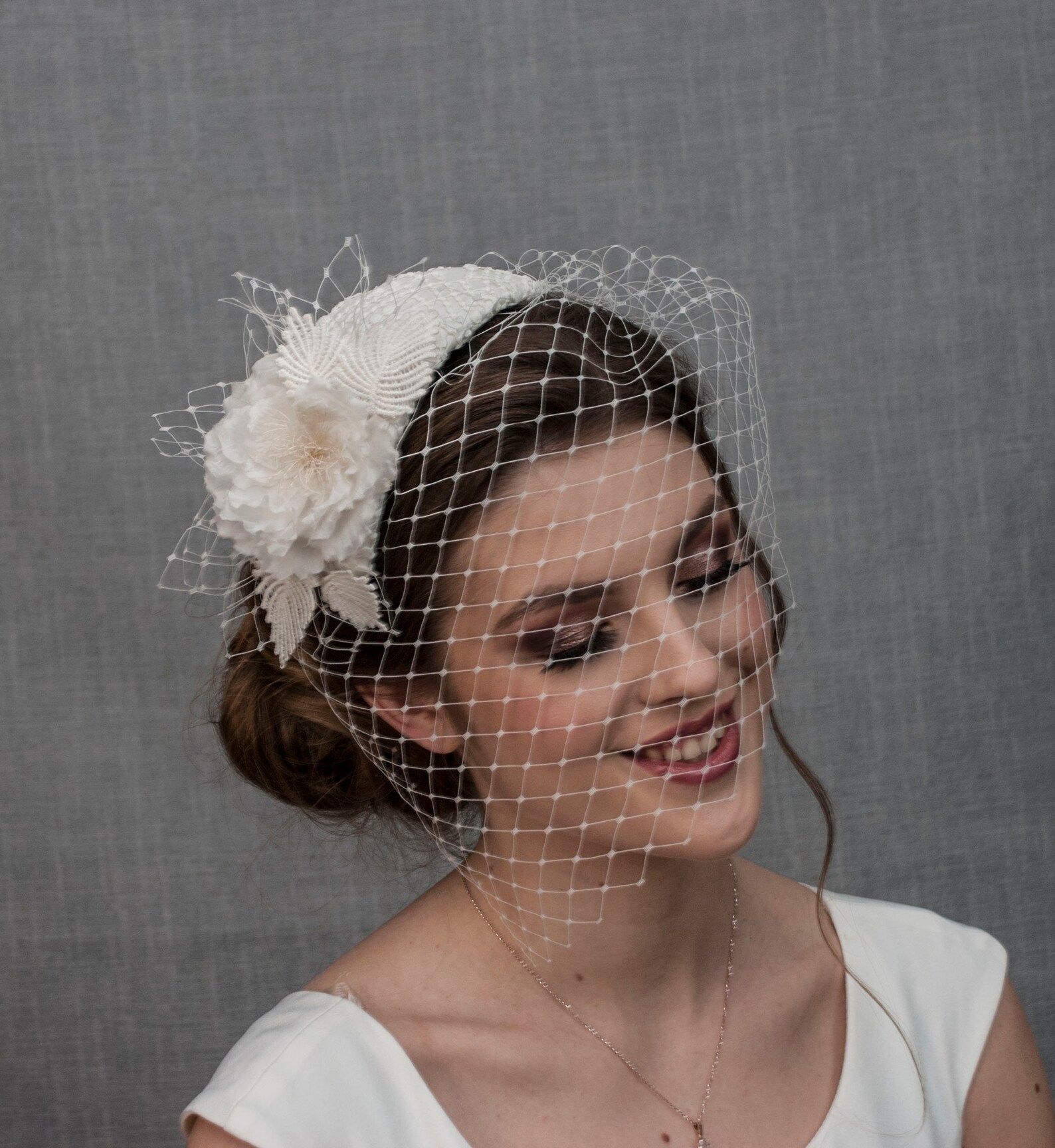 White bridal fascinator hat with face veil | Etsy