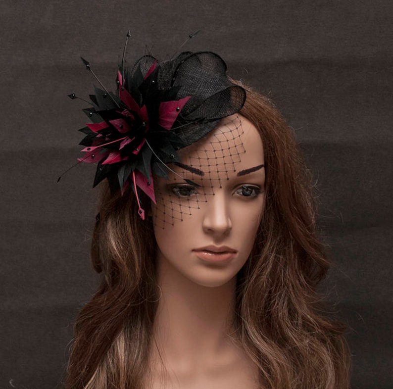 Black and Burgundy Fascinator. Black Fascinator With Face Veil Black ...