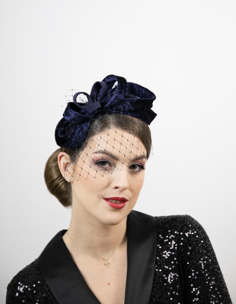 Dark Blue Oversized Fascinator With Face Veil. Blue Wedding Guest ...