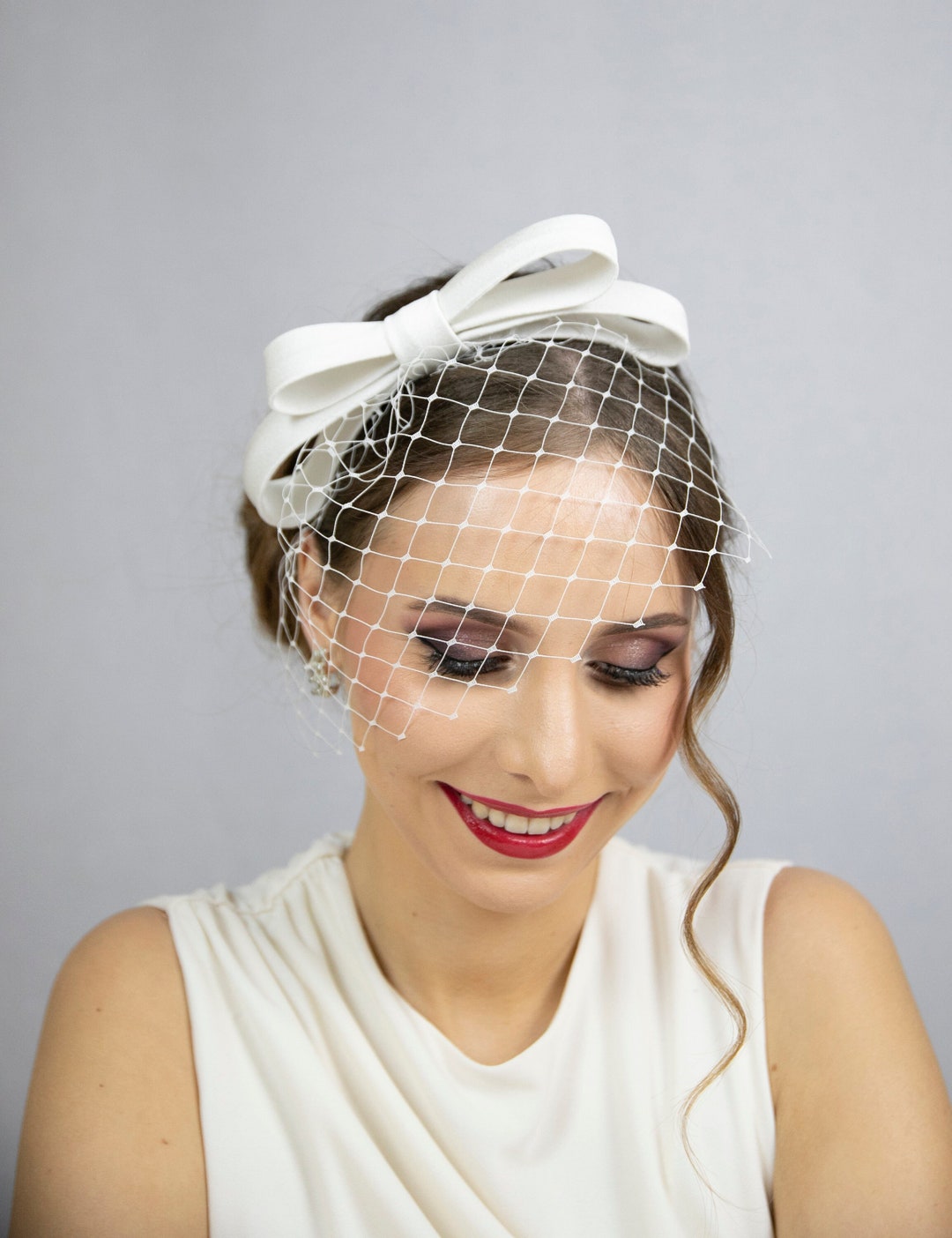 Ivory White Silk Satin Bow Fascinator With Face Veil. Bridal Fascinator ...