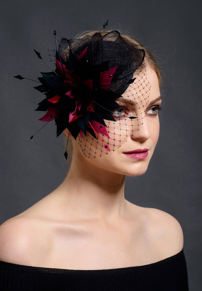 Black and Burgundy Fascinator. Black Fascinator With Face Veil | Etsy