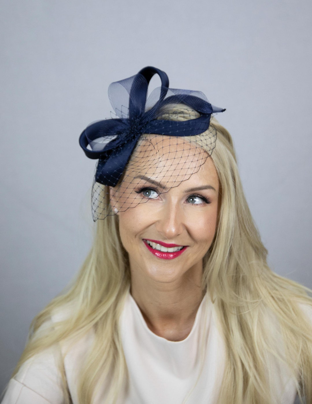 Dark Blue Bow Fascinator With Veil, Wedding Headband - Etsy