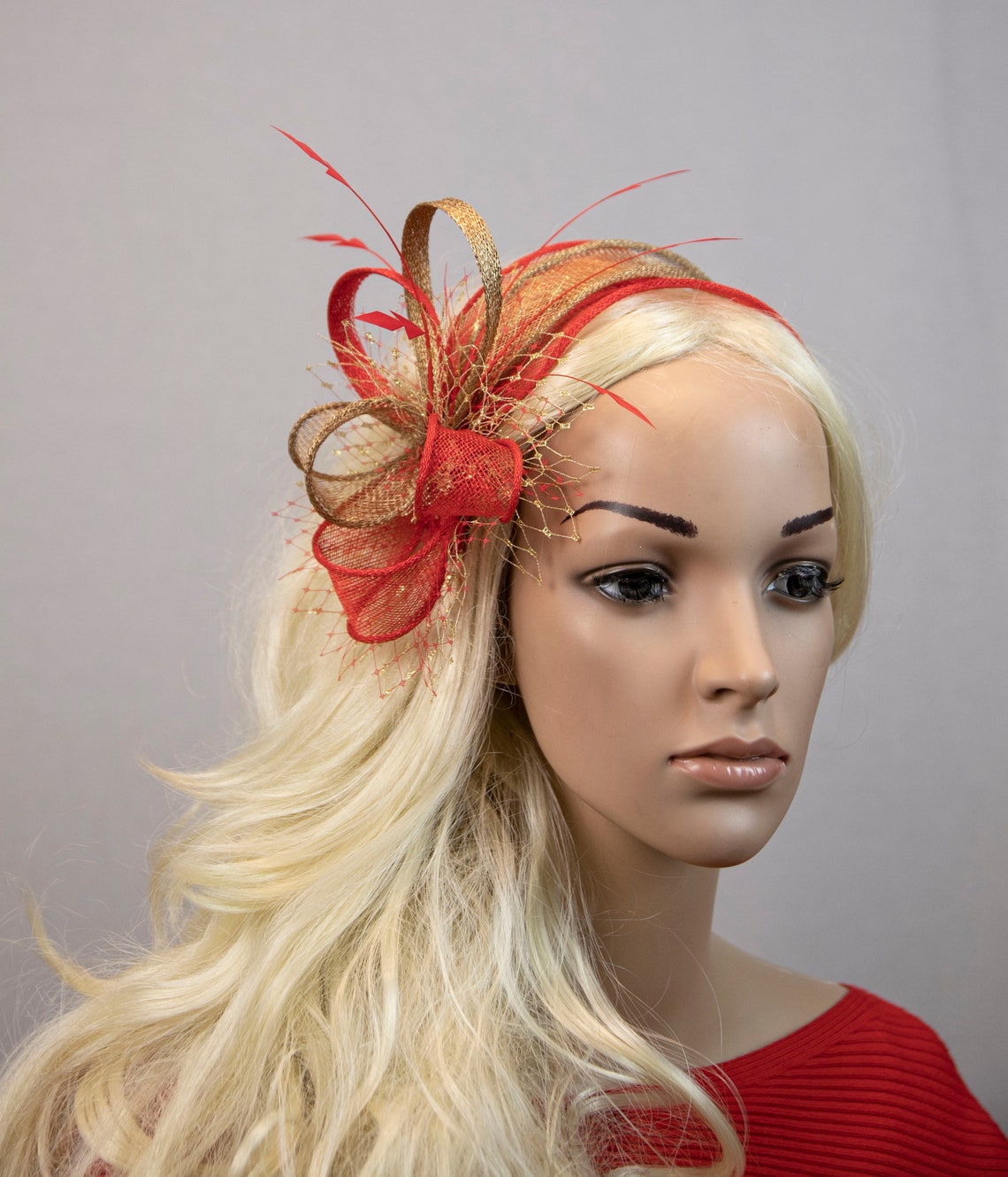 Golden and Red Fascinator for Christmas Weddings. Christmas Party ...
