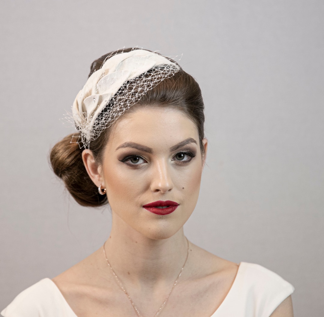 Ivory White Bridal Headpiece. Wedding Hat. Bridal Hat With Net and ...