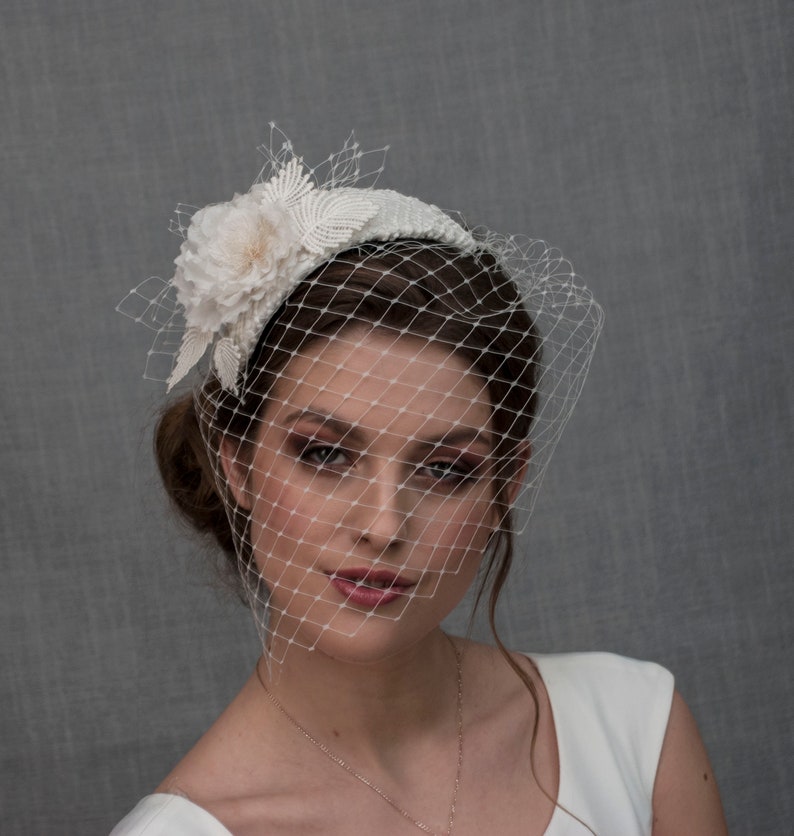 White bridal fascinator hat with face veil | Etsy