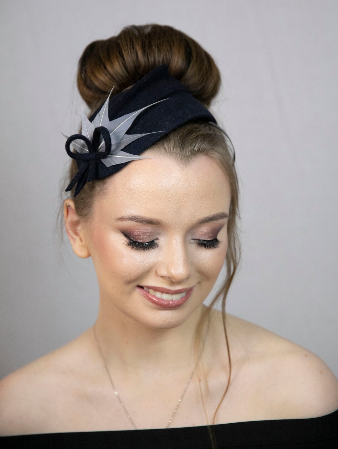 Dark Blue Elegant Fascinator Hat. Grey Fascinator. Everyday Blue Hat ...