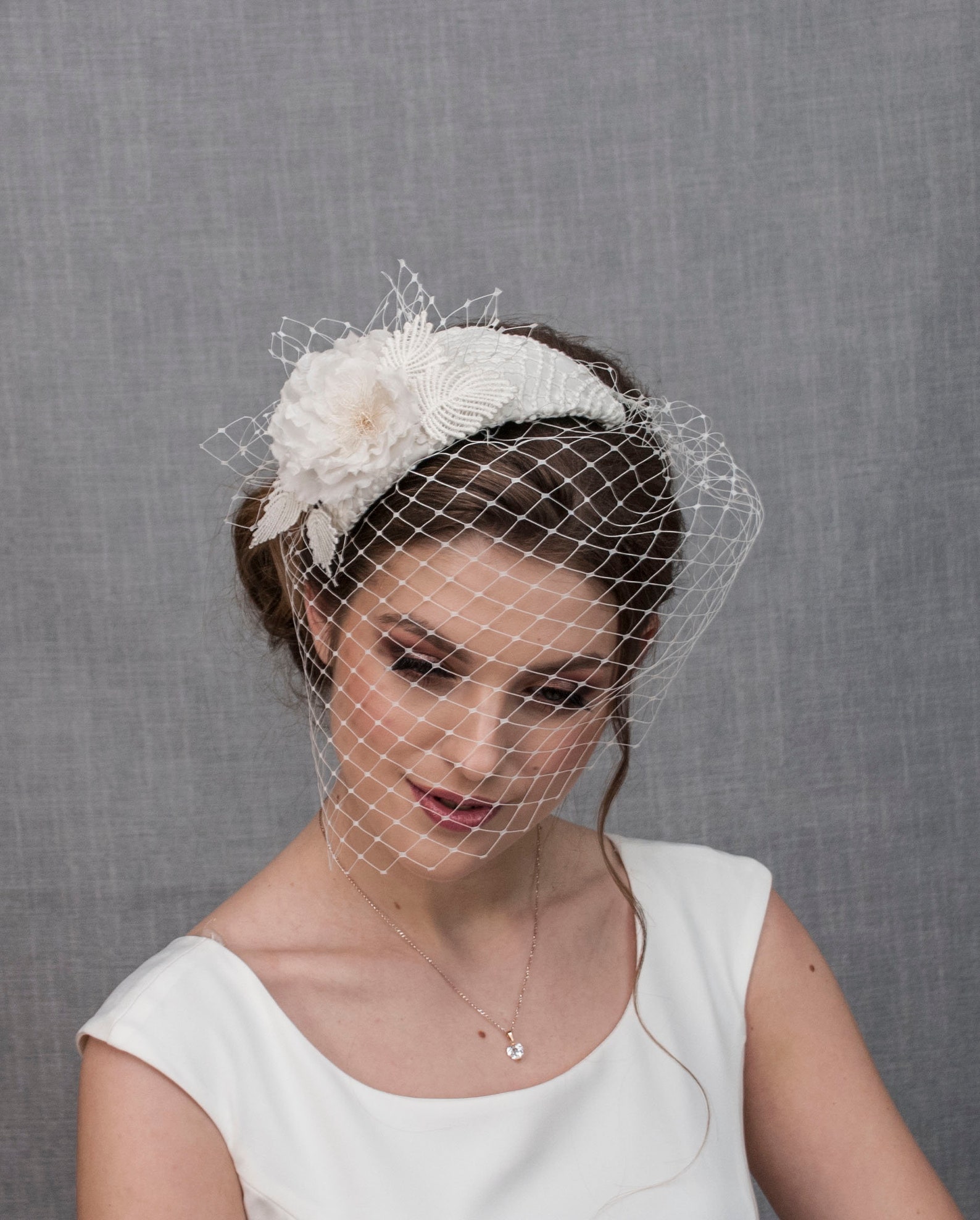 White bridal fascinator hat with face veil | Etsy