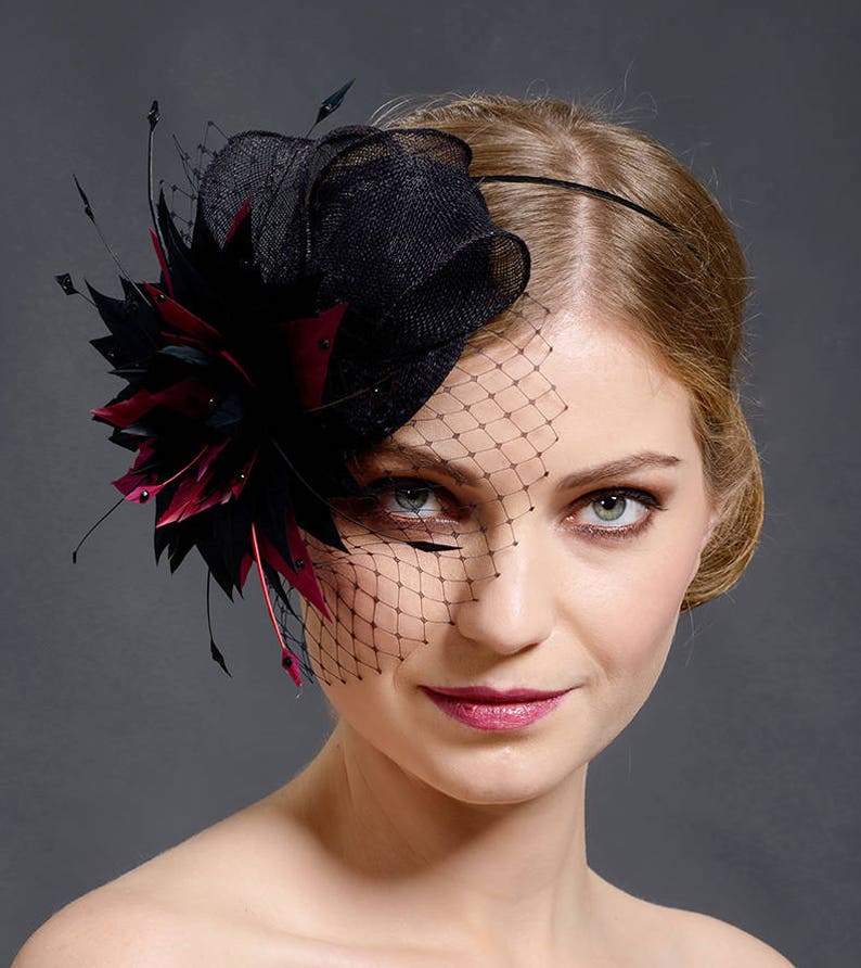 Black and Burgundy Fascinator. Black Fascinator With Face Veil Black ...