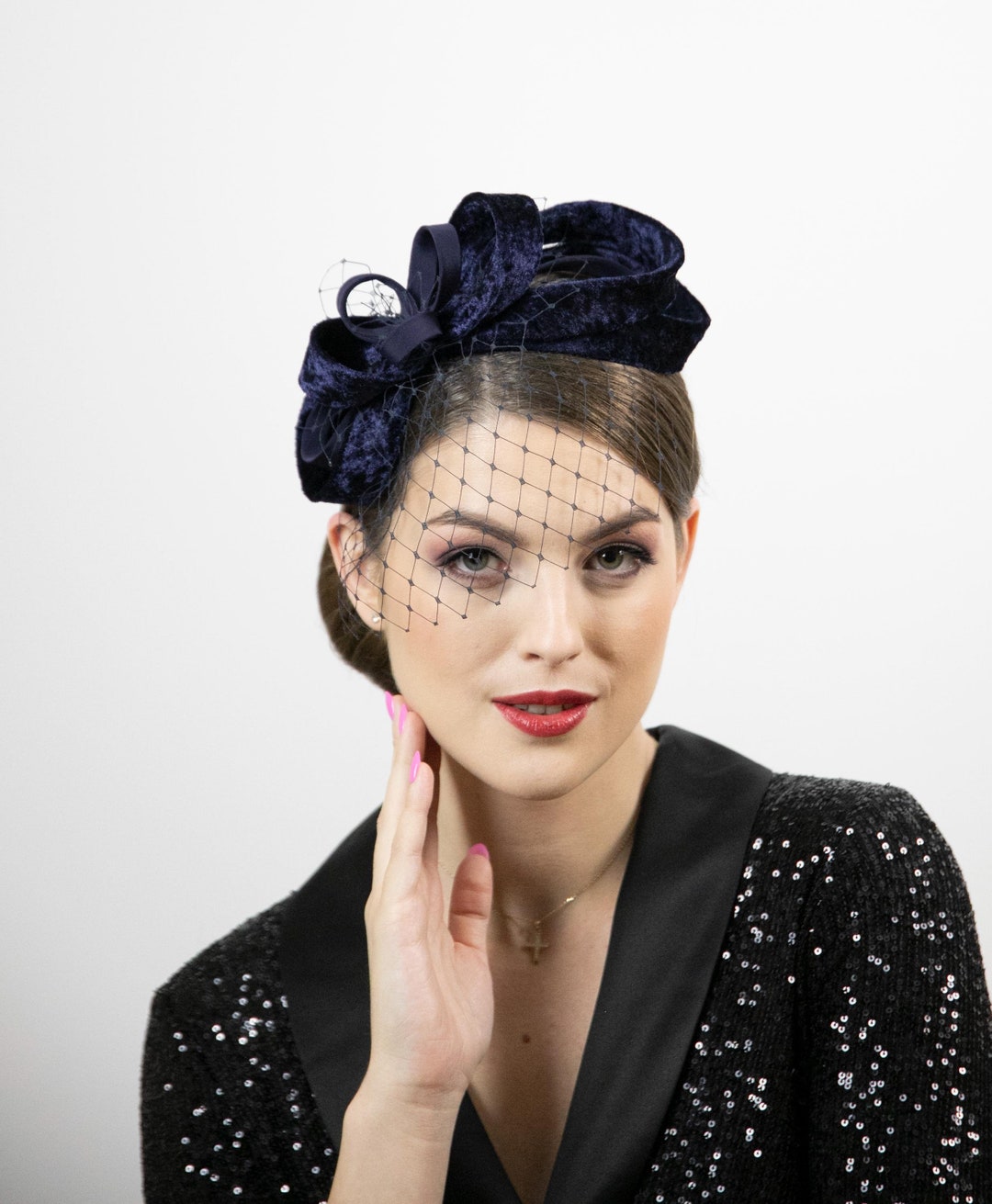 Dark Blue Oversized Fascinator With Face Veil. Blue Wedding Guest ...