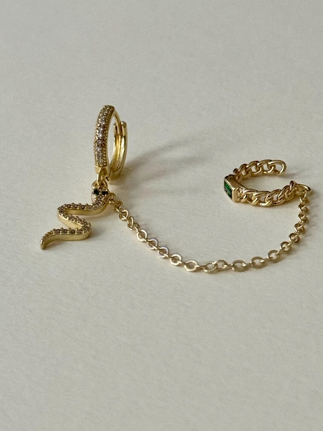 Gold Snake Ear Cuff Set, Chain & Huggy Ear Cuff, Pave Snake Ear Cuff ...