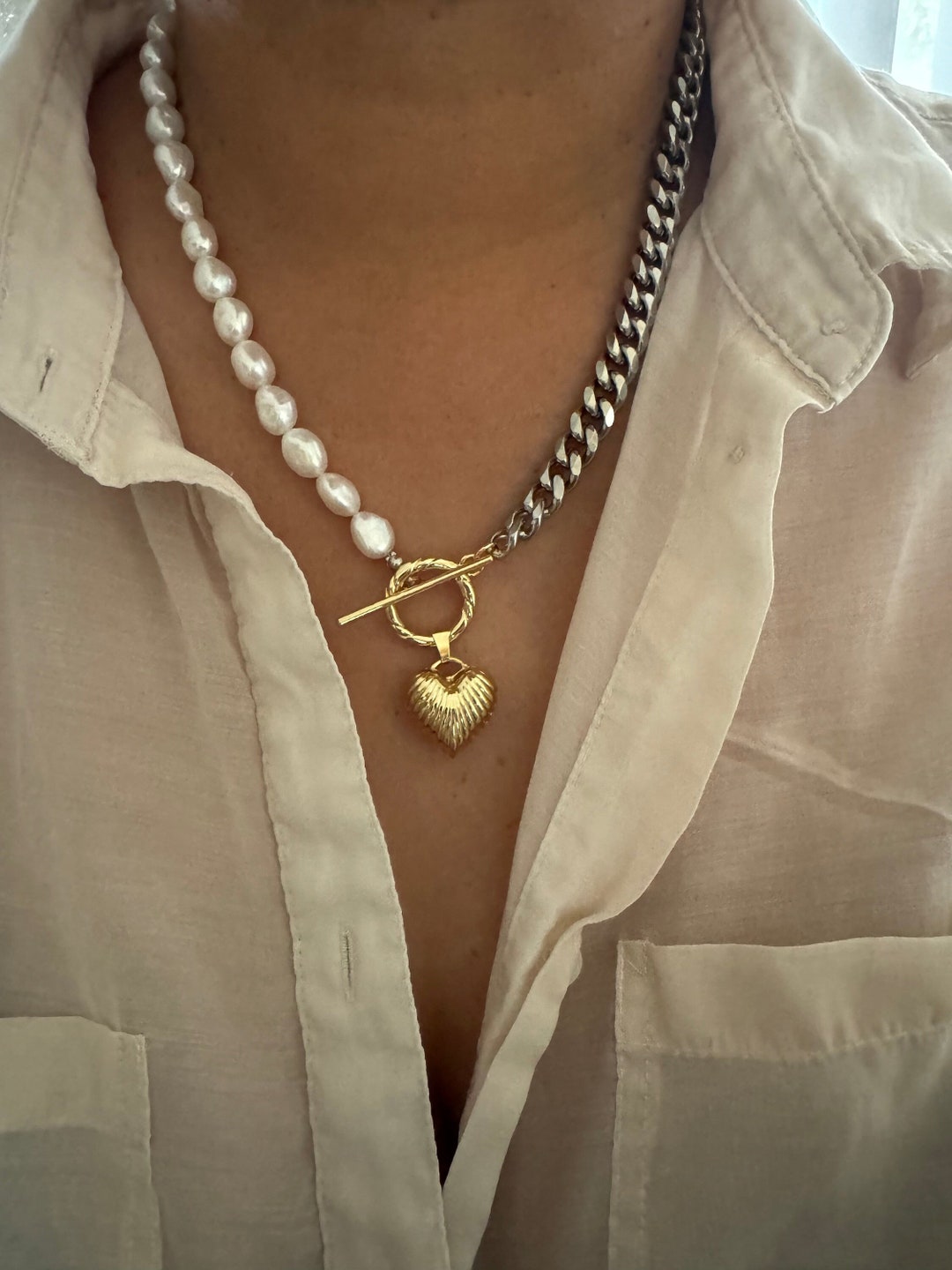 Freshwater Pearl Necklace, Half Pearl Half Chain Necklace, Mixed Metal ...