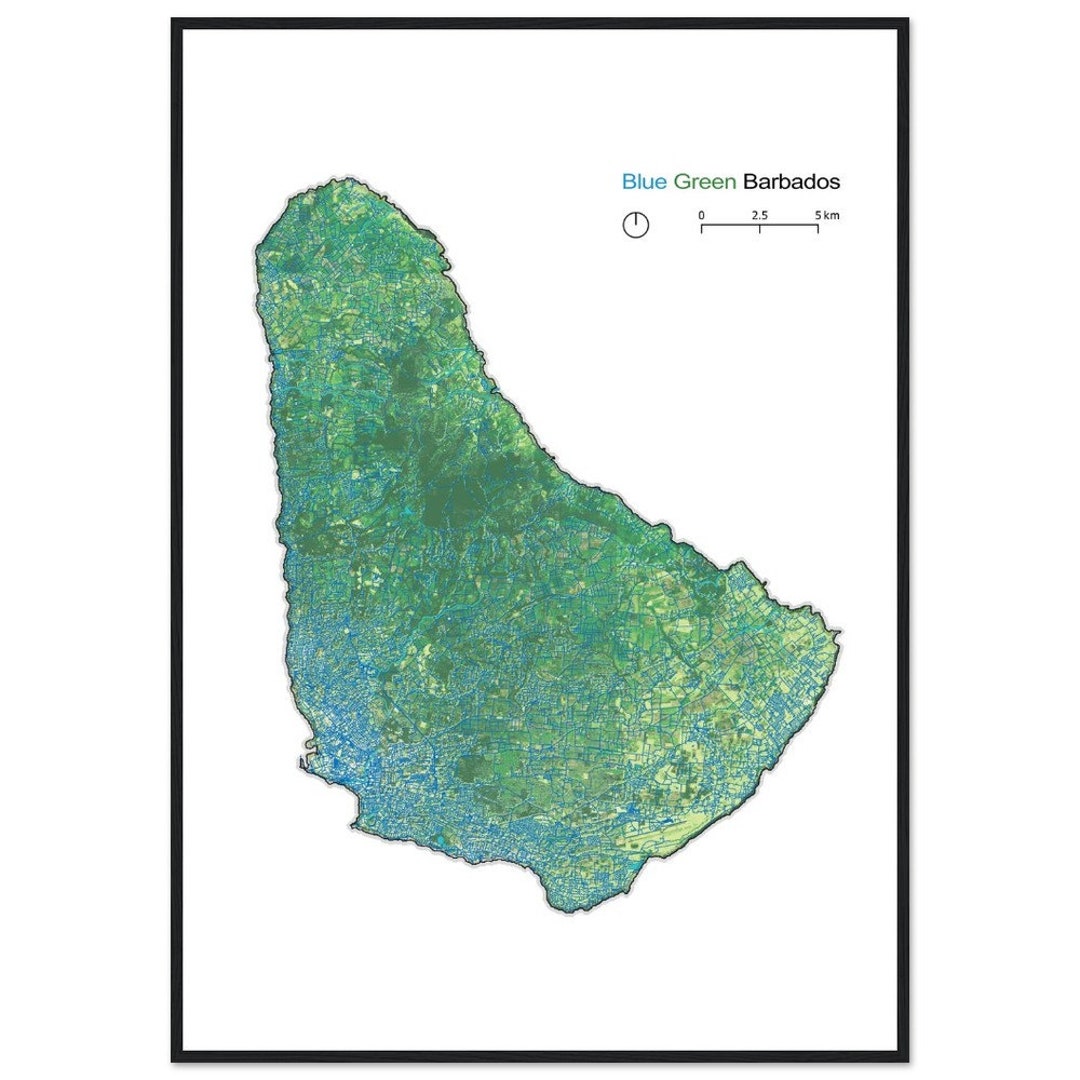Barbados Map Art | Blue-green Infrastructure Analysis | Tropical Island ...