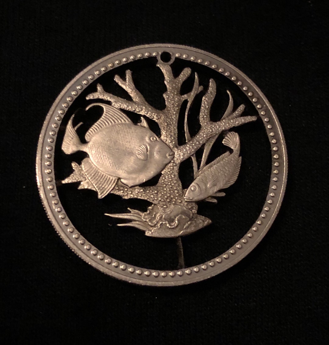Barbados - Cut Coin Pendant - Tropical Fish Jewelry - 1973 - Etsy
