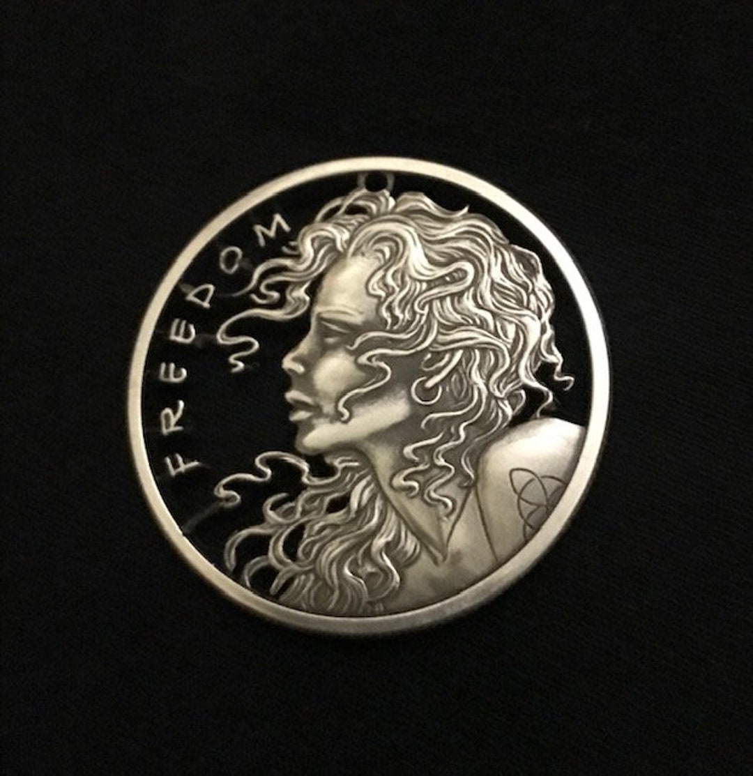 Gorgeous Curly Haired Woman, Cut Coin Jewelry, Hand Cut Fine Silver ...
