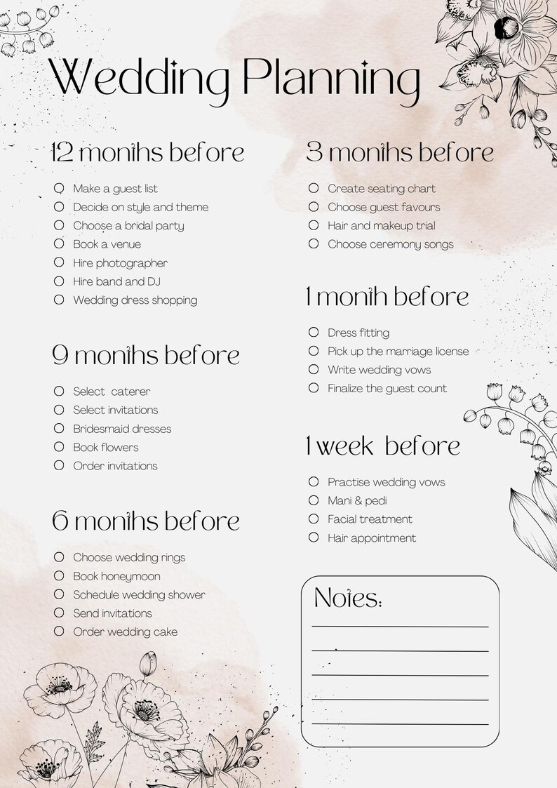 Wedding Planning Checklist, Detailed 12-month Timeline, for Bride and ...