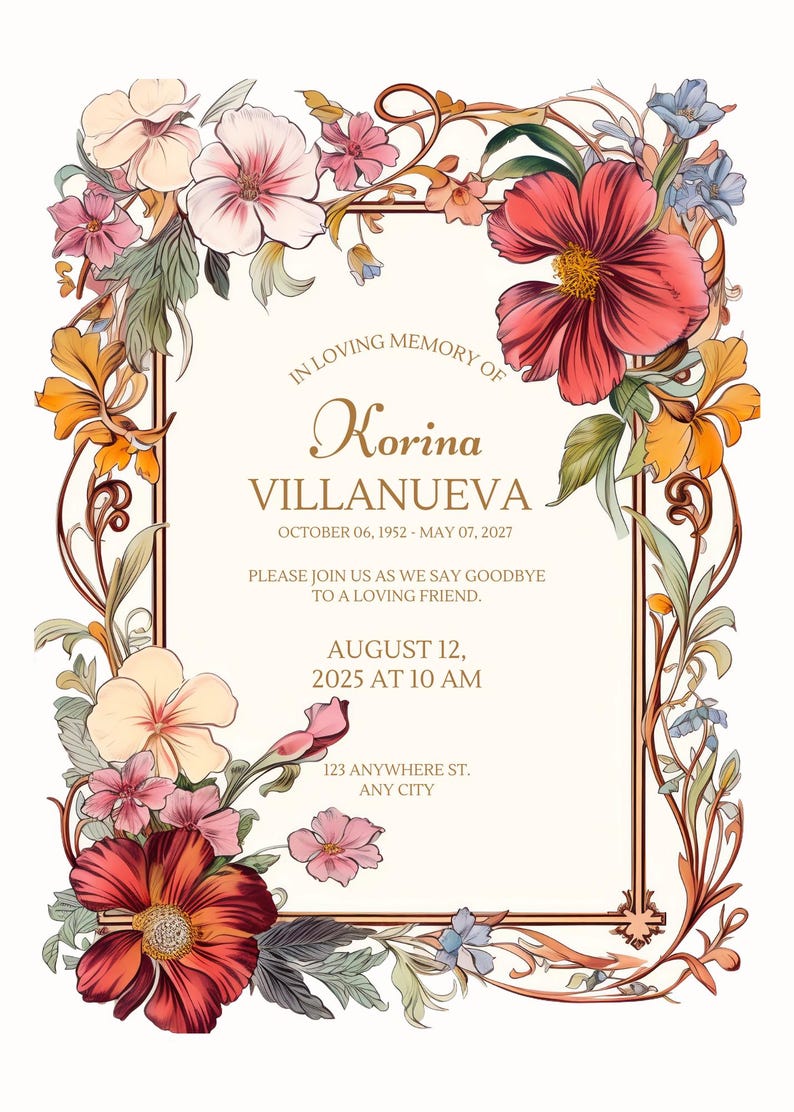 Floral Illustration Funeral Invitation, Elegant Commemorative Card ...