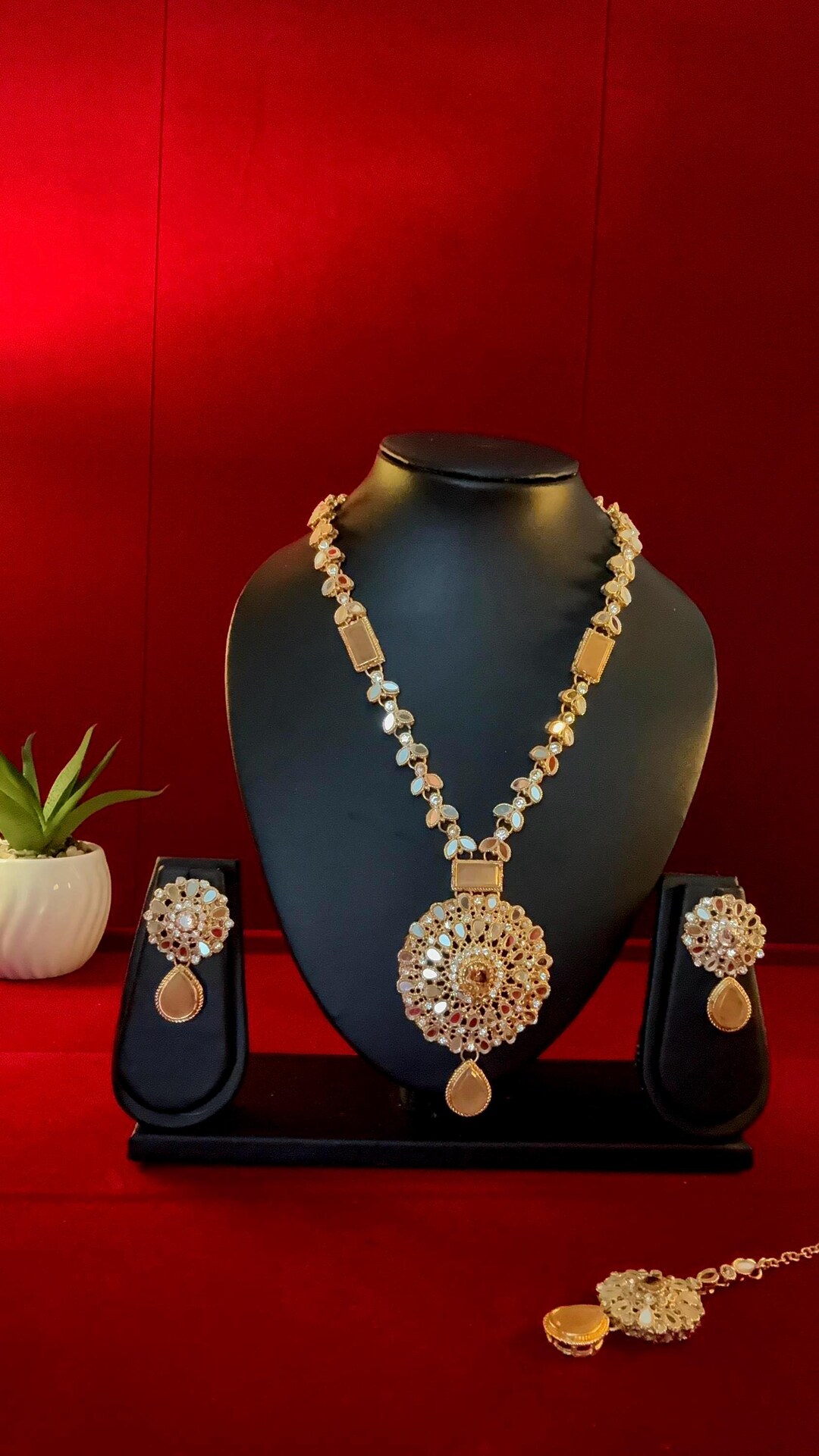 Gold Plated Turkish Bridal Jewelry Set: Mala Necklace, Earrings, Tikka ...