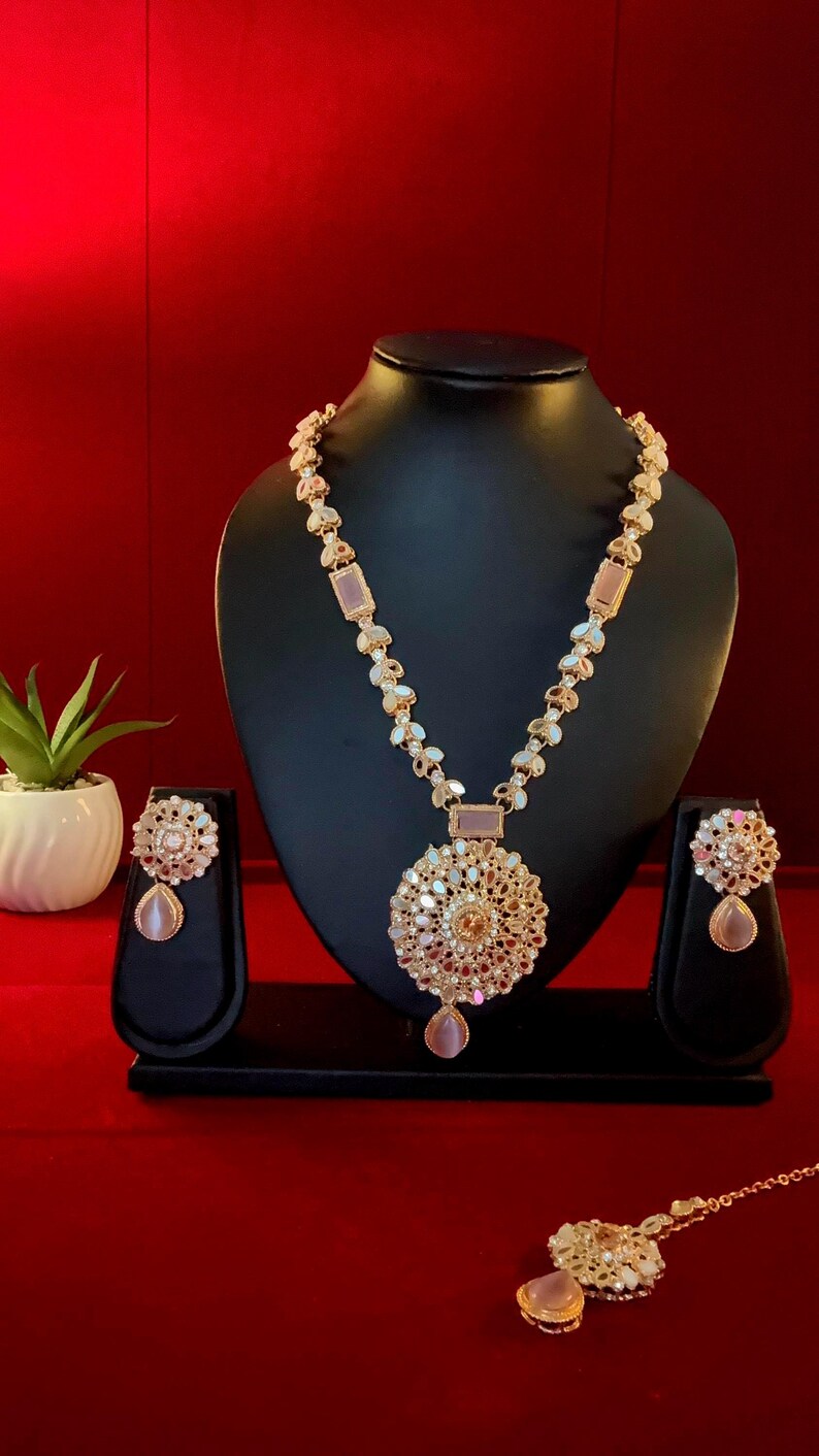 Gold Plated Turkish Bridal Jewelry Set: Mala Necklace, Earrings, Tikka ...