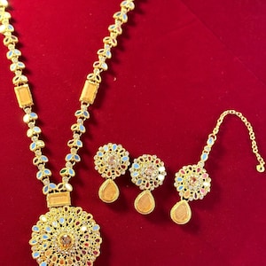 Gold Plated Turkish Bridal Jewelry Set: Mala Necklace, Earrings, Tikka ...