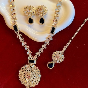 Gold Plated Turkish Bridal Jewelry Set: Mala Necklace, Earrings, Tikka ...