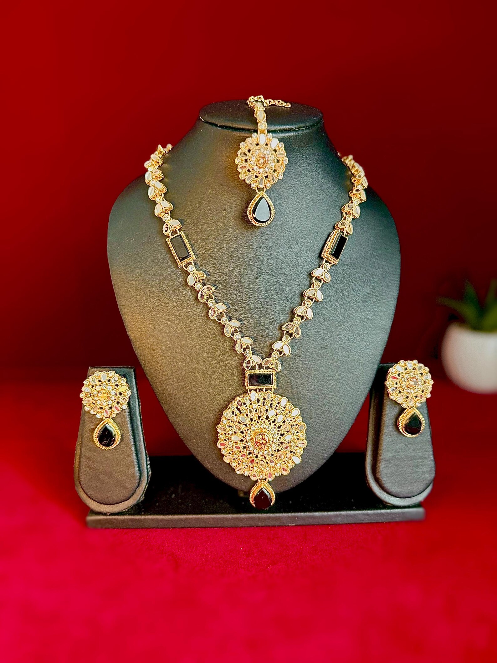 Gold Plated Turkish Bridal Jewelry Set: Mala Necklace, Earrings, Tikka ...