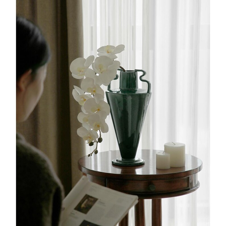 Forest Green Ceramic Vase: Modern Amphora Style With Sculptural Handles ...