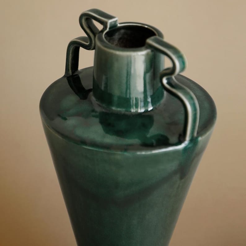 Forest Green Ceramic Vase: Modern Amphora Style With Sculptural Handles ...