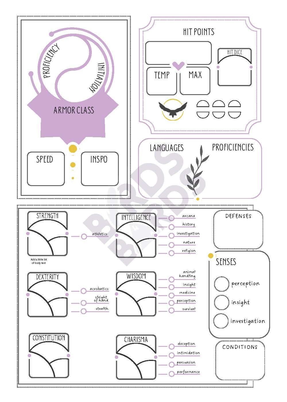 Printable Dnd Character Sheet for A5 Binders, Unique Design, Purple and ...