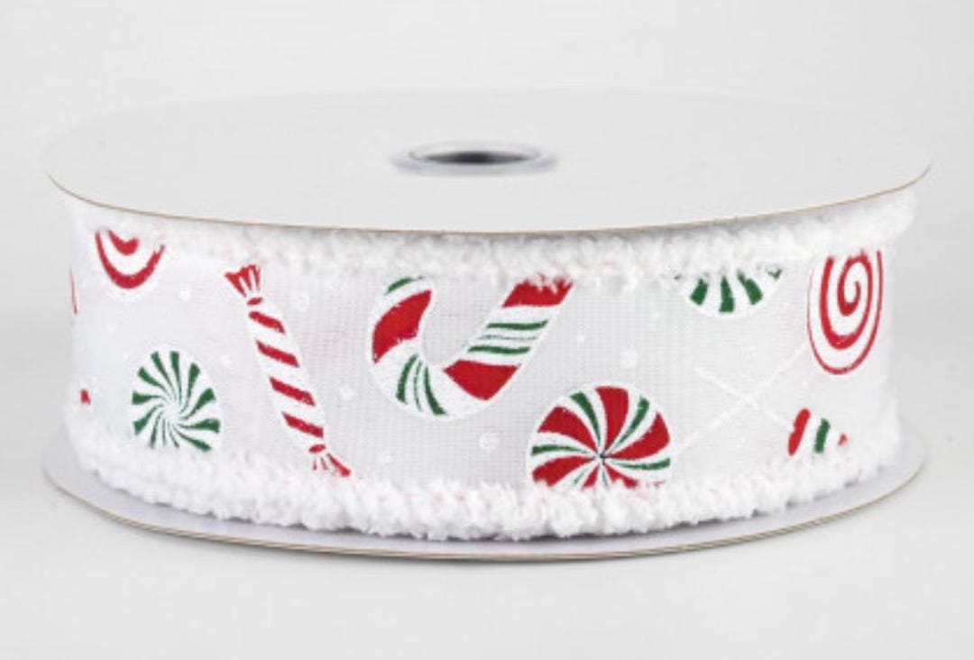 1.5" Red & Green Candy Cane and Peppermint Fuzzy Edge Wired Ribbon (1 ...
