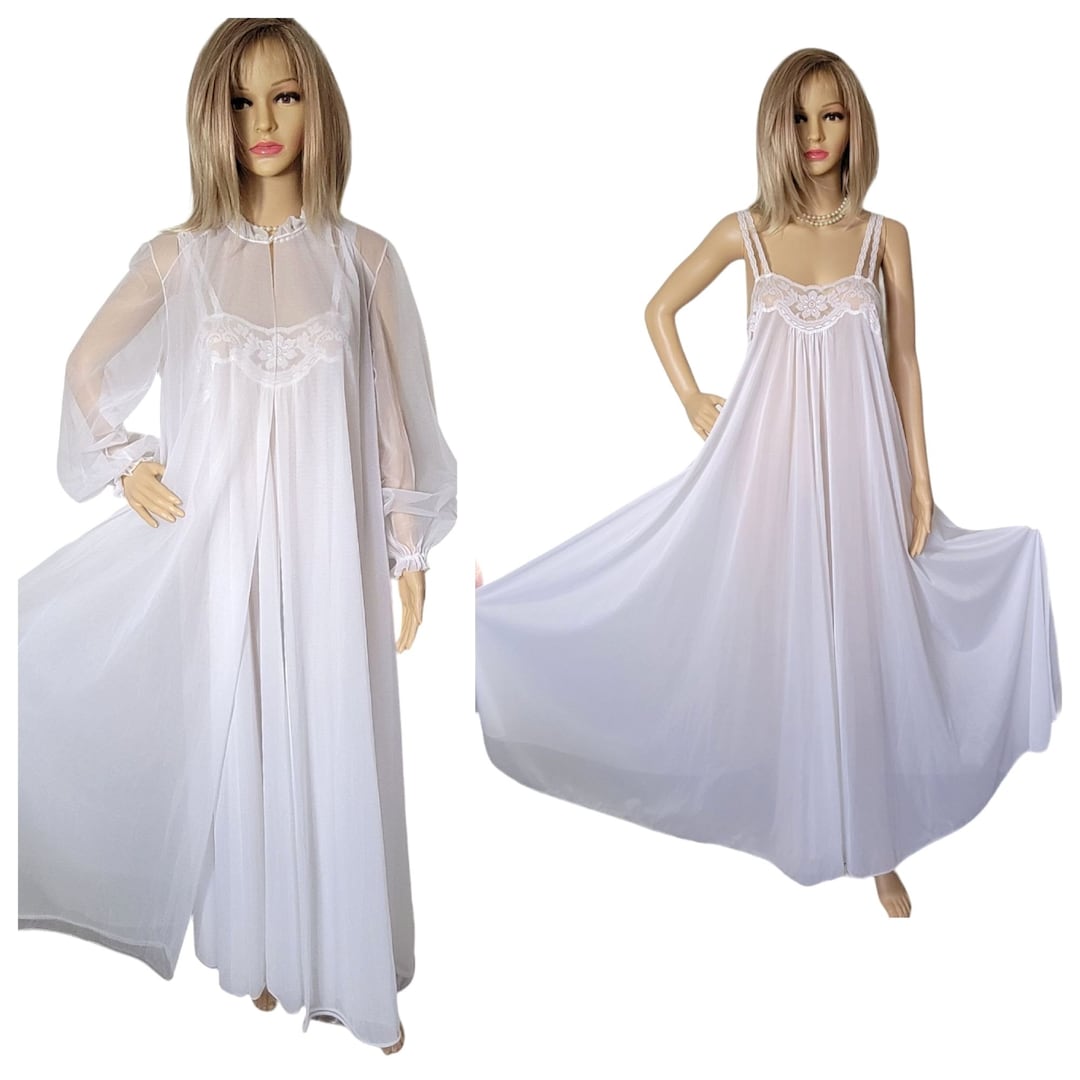 Vtg Bridal White Vanity Fair Nightgown & Peignoir Robe Set Chiffon ...