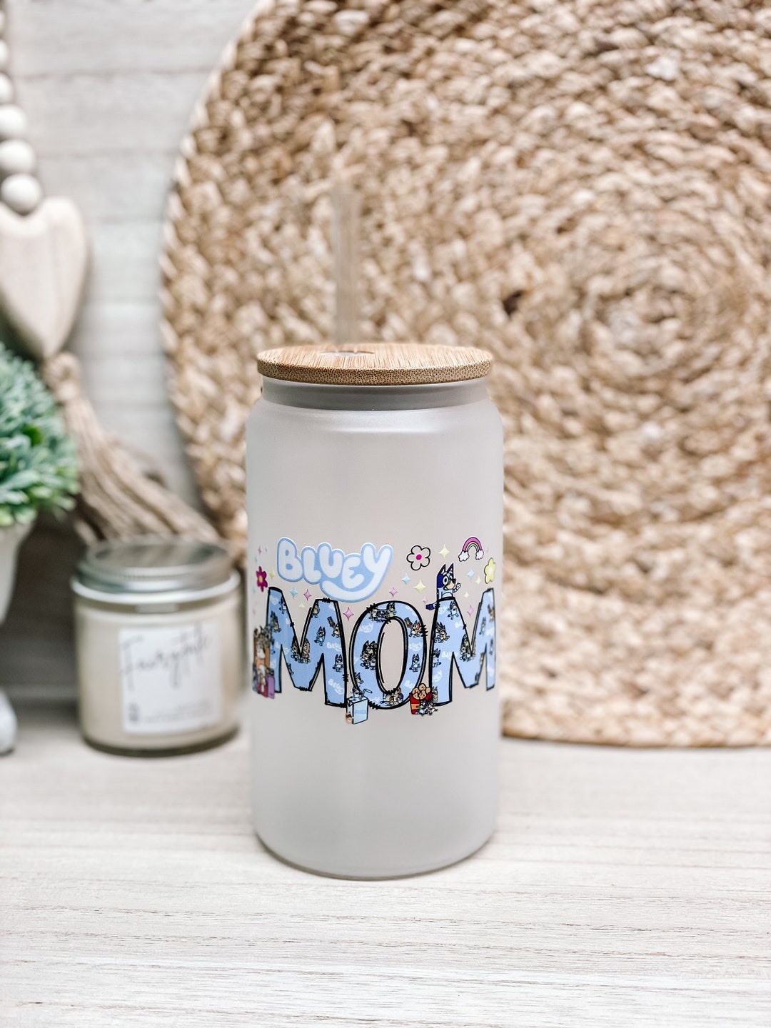 Bluey Mom Frosted Glass Cup, Iced Coffee Cup, Glass Cup With Bamboo Lid ...