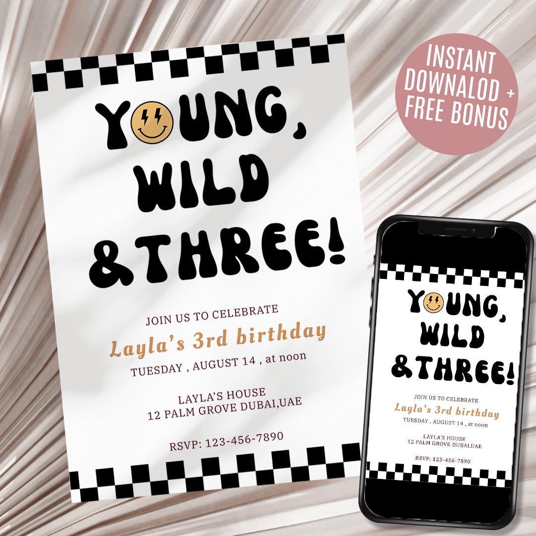 Young Wild and Three Invitation Template Smile Face Birthday Invite Boy ...