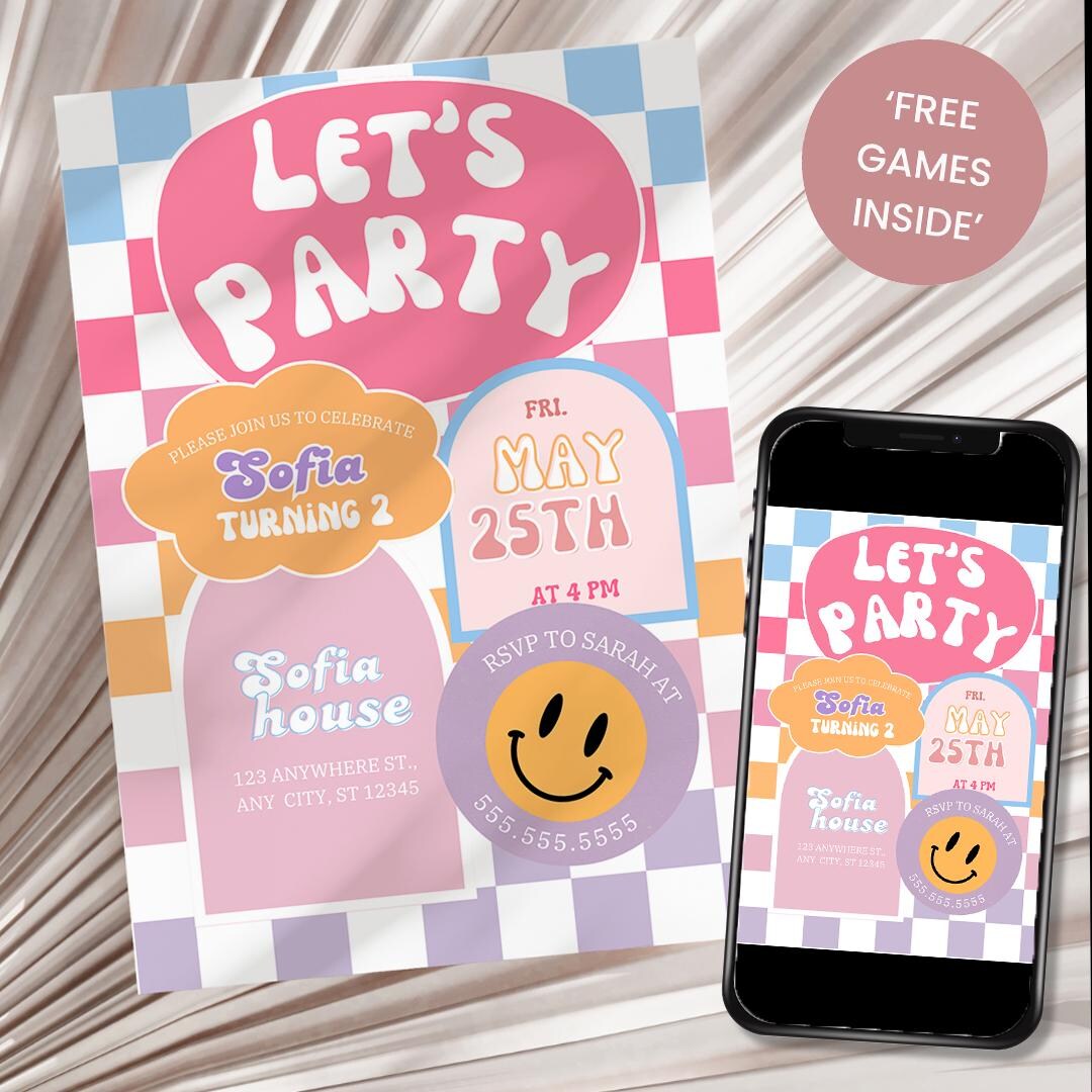 Groovy Retro Smiley Face Birthday Invitation, Checkered Smiley Face 2nd ...