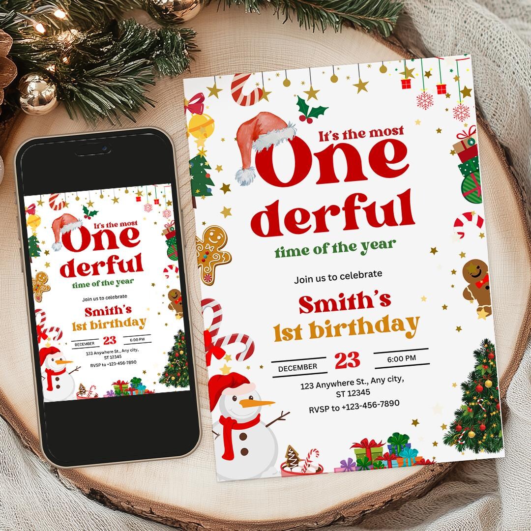 Editable Onederful Christmas Birthday Invitation Template, 1st Birthday ...
