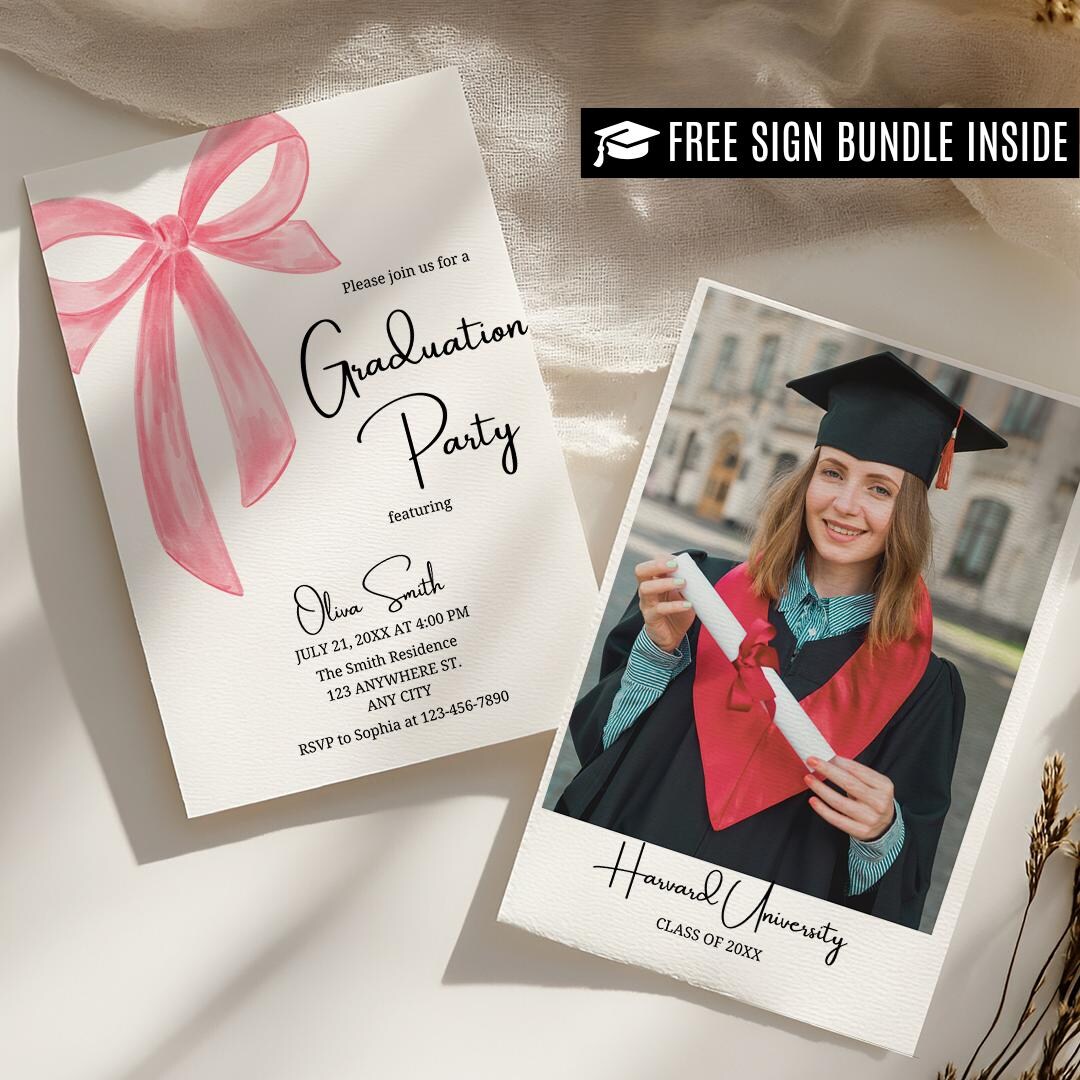 Pink Bow Graduation Invitation Template, Class 2025 Graduate, Modern ...