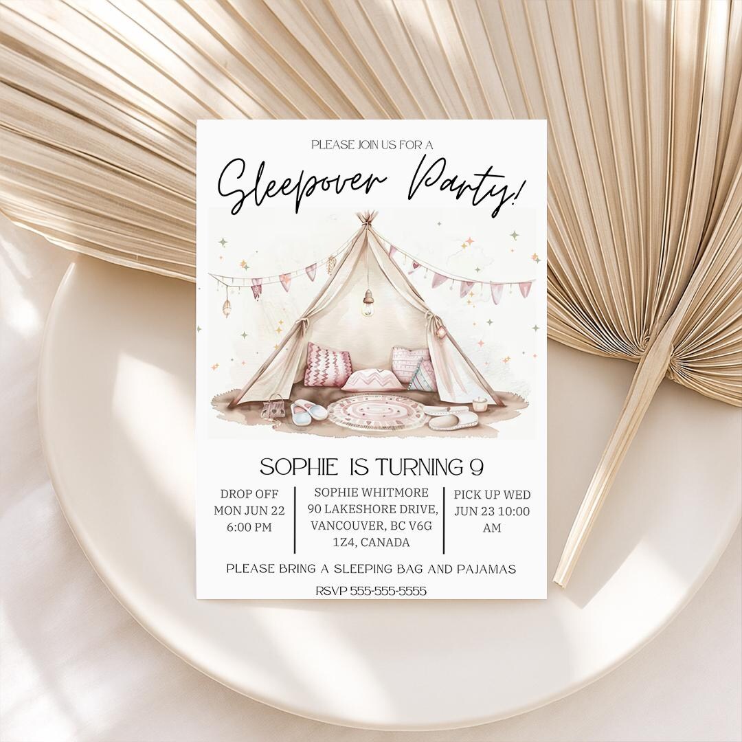 Sleepover Birthday Minimalist Invitation Set Slumber Party Invite Girl ...