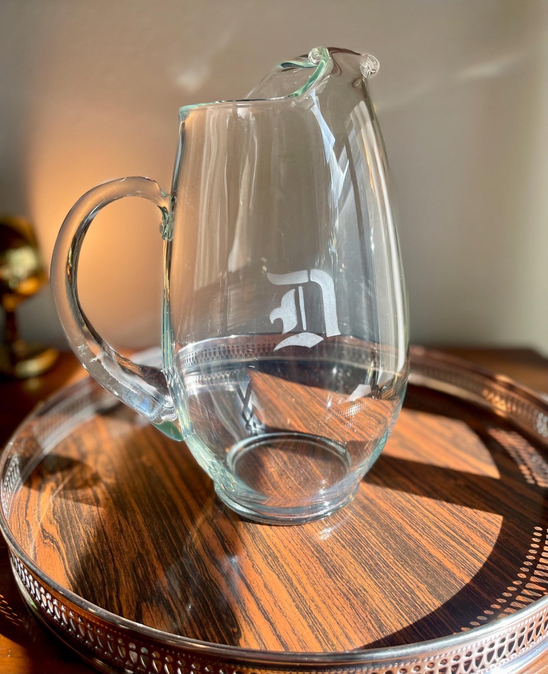 Vintage Etched Glass Pitcher – Elegant D Signet Design, Classic Barware ...
