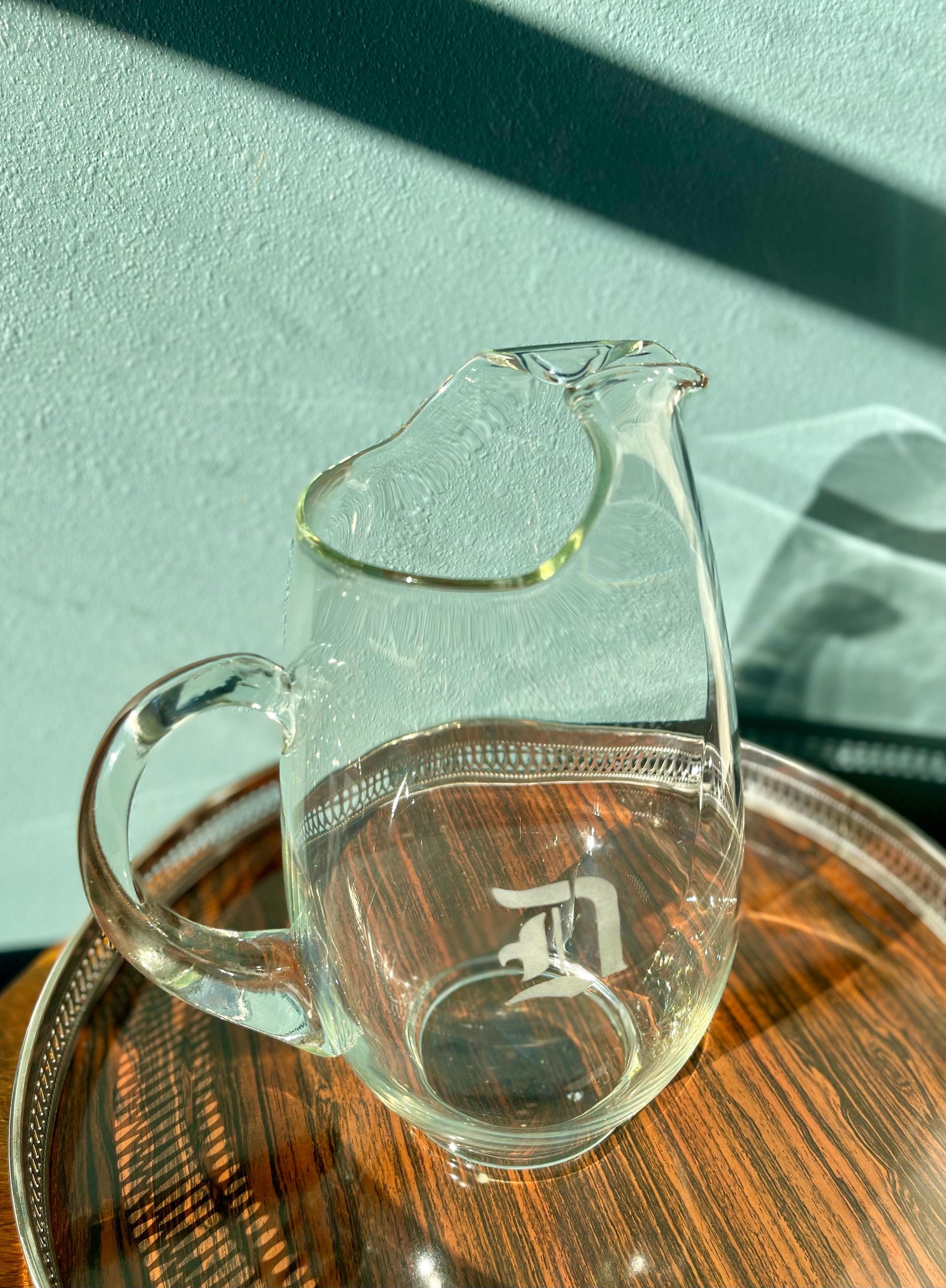 Vintage Etched Glass Pitcher – Elegant D Signet Design, Classic Barware ...