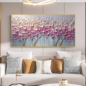 Original 3D Pink Tree Texture Canvas Oil Painting, Large Abstract Hand ...