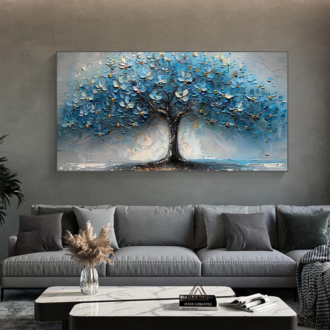Original Tree of Life Oil Painting on Canvas, Abstract Texture Blue ...