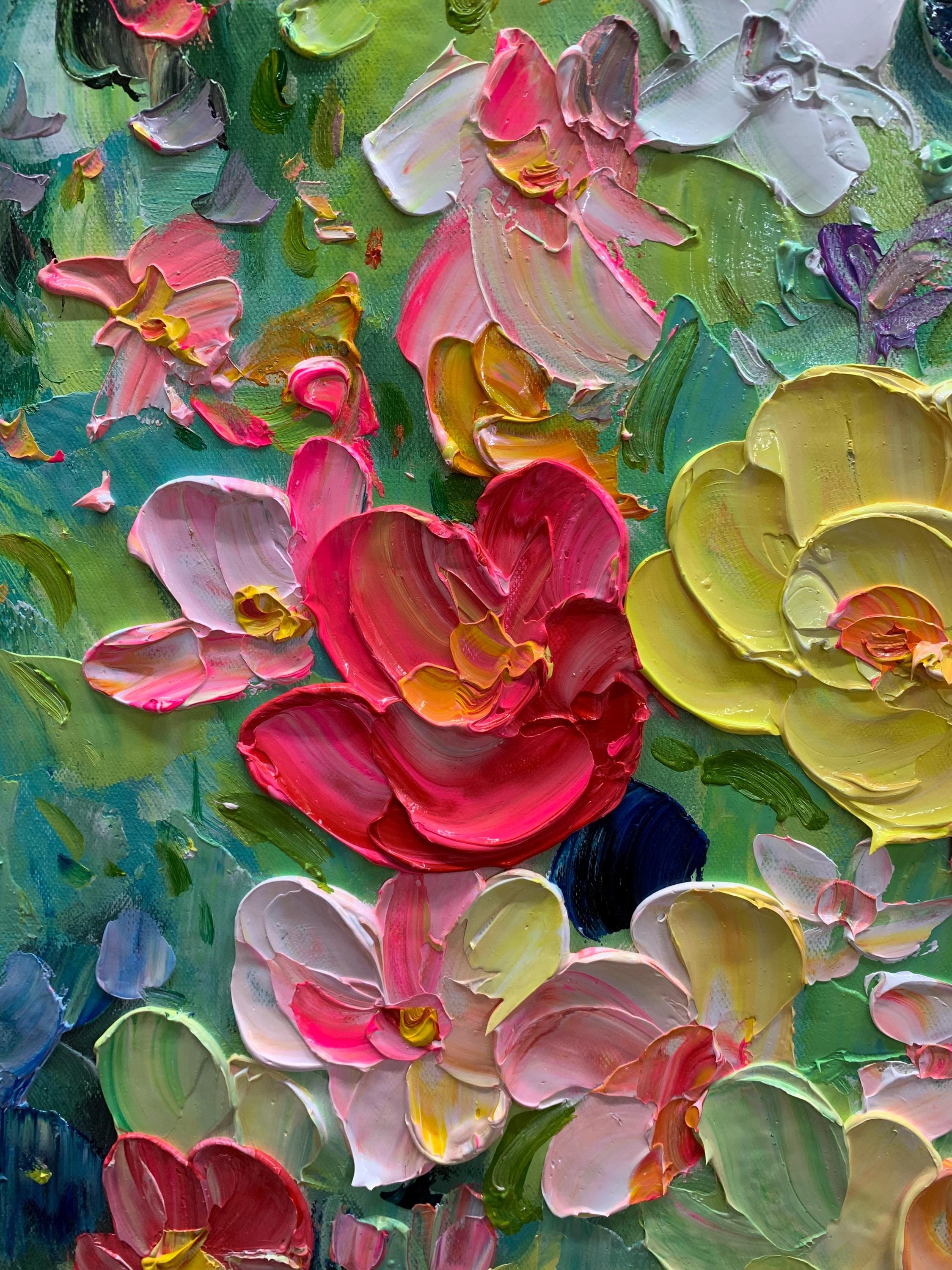 Large Original Colorful Flower Oil Painting on Canvas, Abstract ...