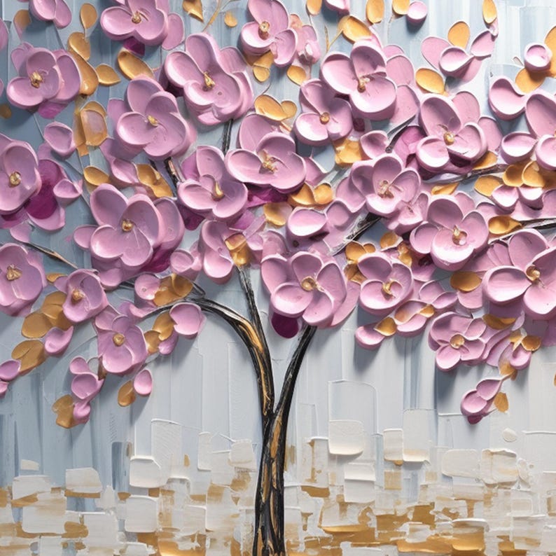 Original 3D Pink Tree Texture Canvas Oil Painting, Abstract Gray ...