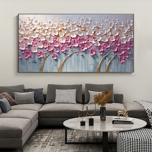 Original 3D Pink Tree Texture Canvas Oil Painting, Large Abstract Hand ...