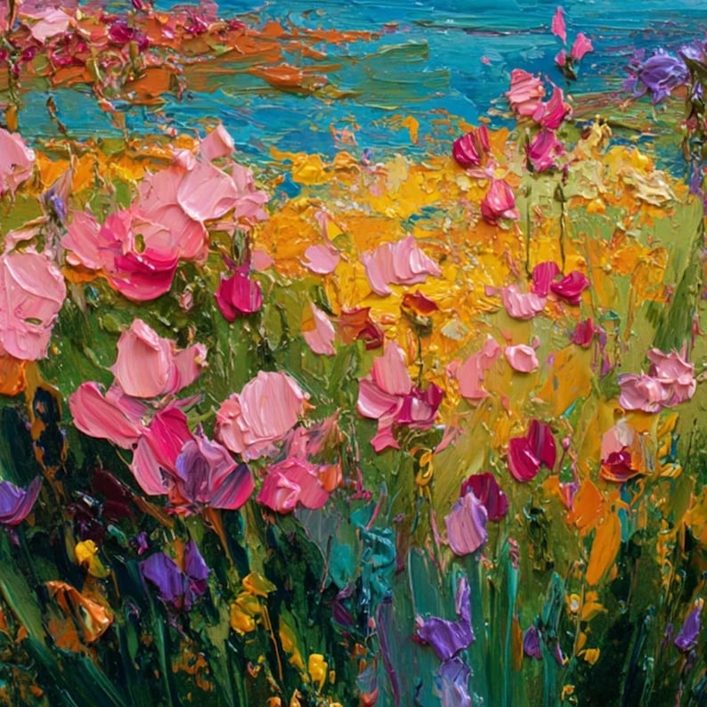 Impasto Oil Painting Seascape Wildflowers, Turquoise Ocean Pastel Sky ...