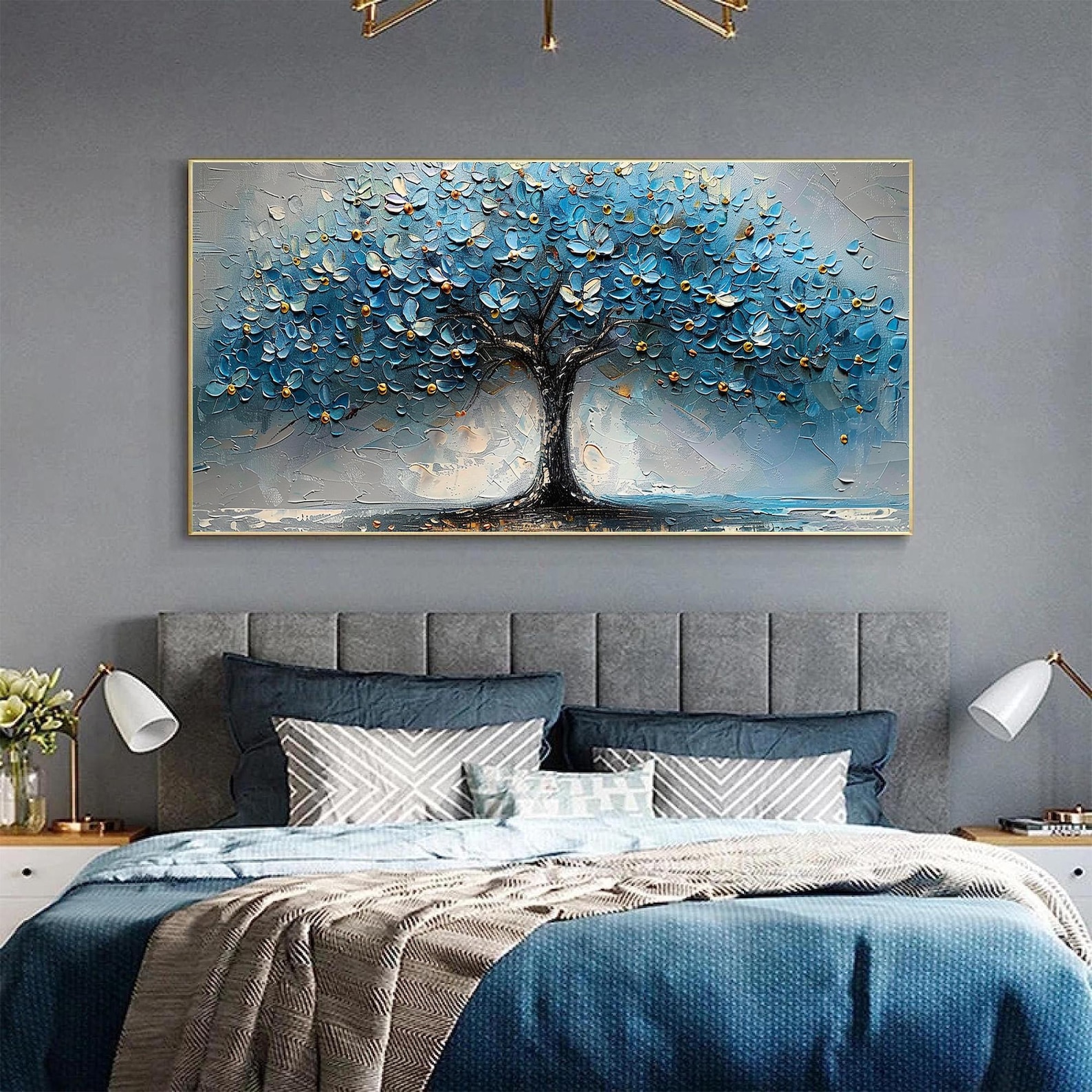 Original Tree of Life Oil Painting on Canvas, Abstract Texture Blue ...