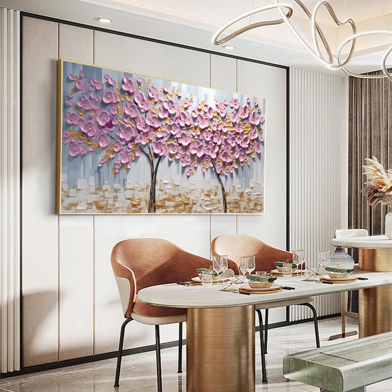 Original 3D Pink Tree Texture Canvas Oil Painting, Abstract Gray ...