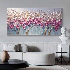 Original 3D Pink Tree Texture Canvas Oil Painting, Large Abstract Hand ...