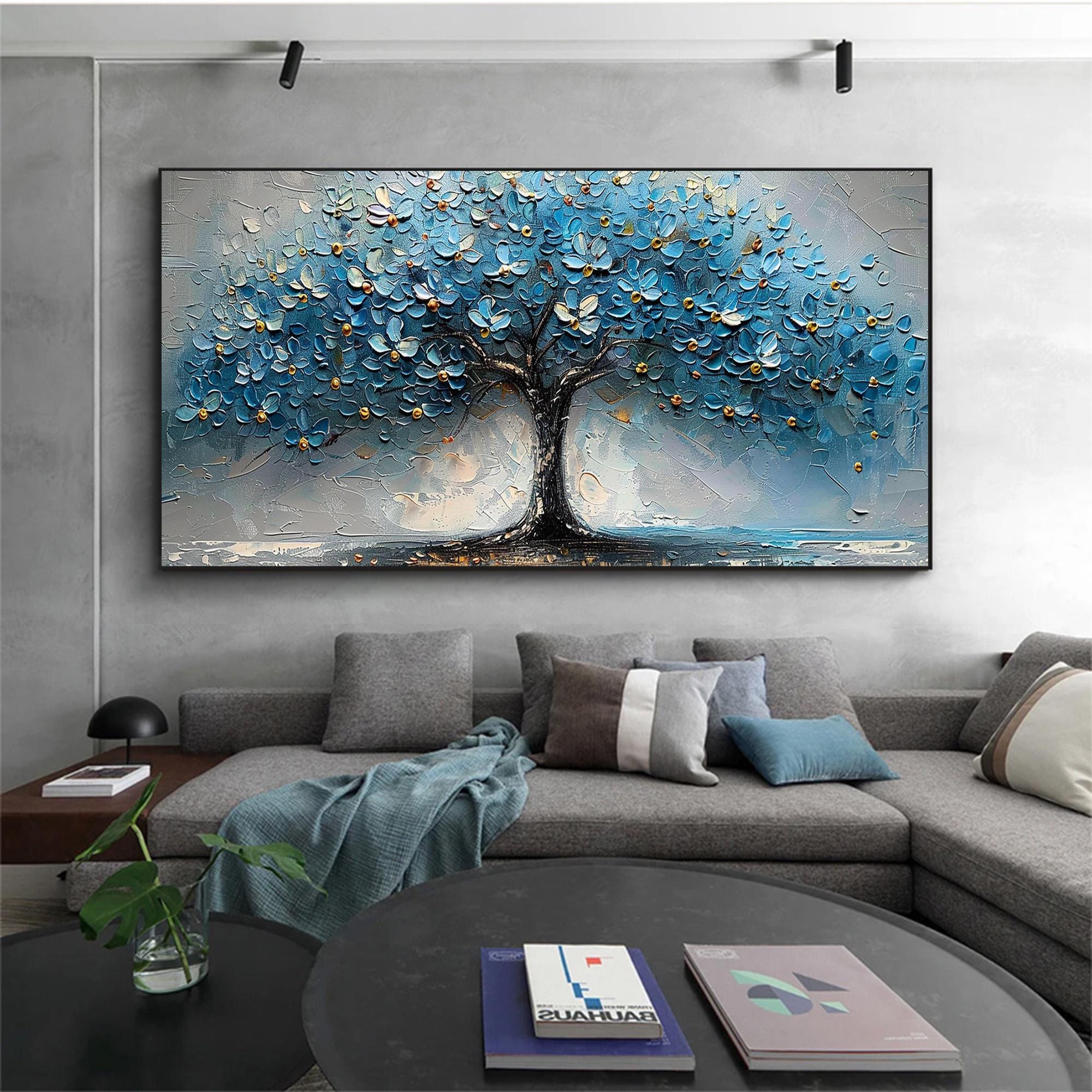 Textured Tree of Life Oil Painting, Abstract Blue Canvas Art - Etsy