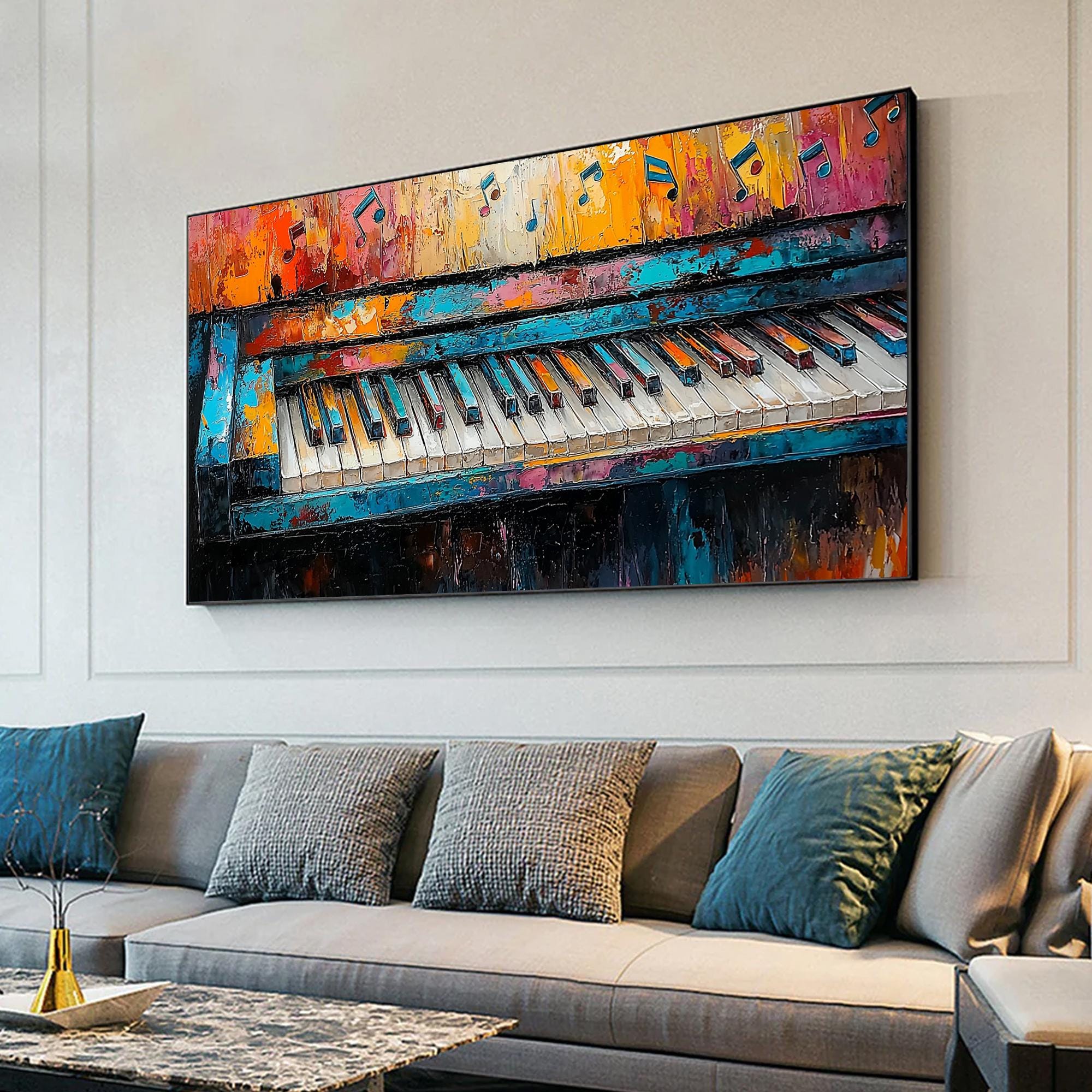 Abstract Colorful Piano Oil Painting on Canvas, Original Piano Painting, Large Vintage Piano ...